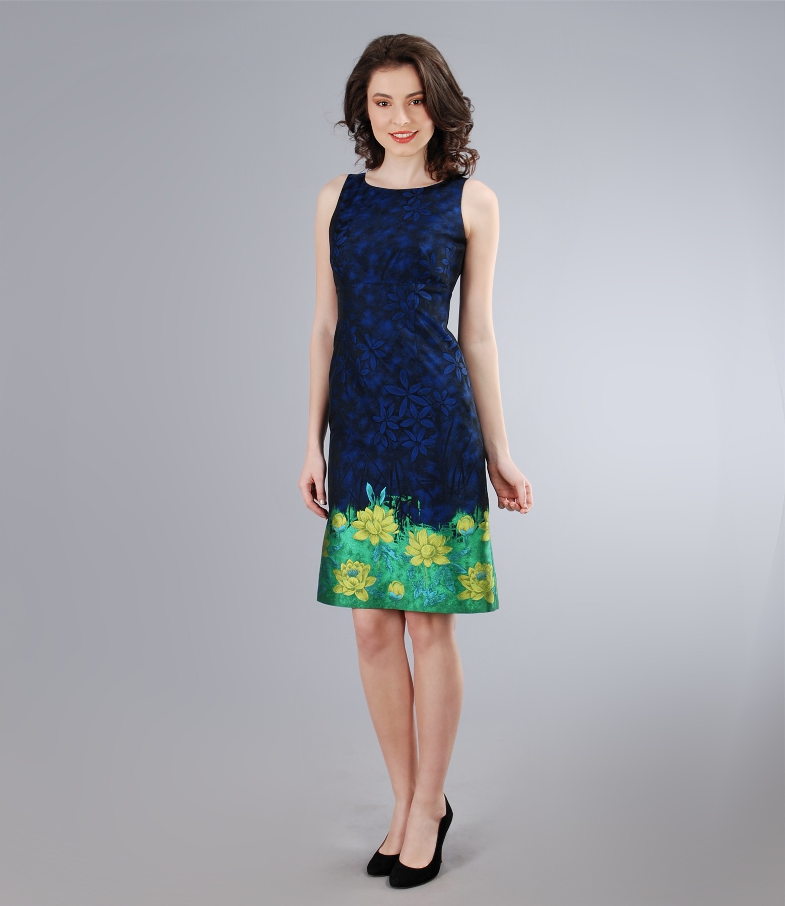 Multicolored floral print brocade dress dark blue - YOKKO