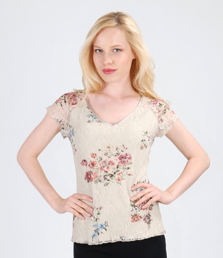 Elastic lace blouse with V neckline beige - YOKKO