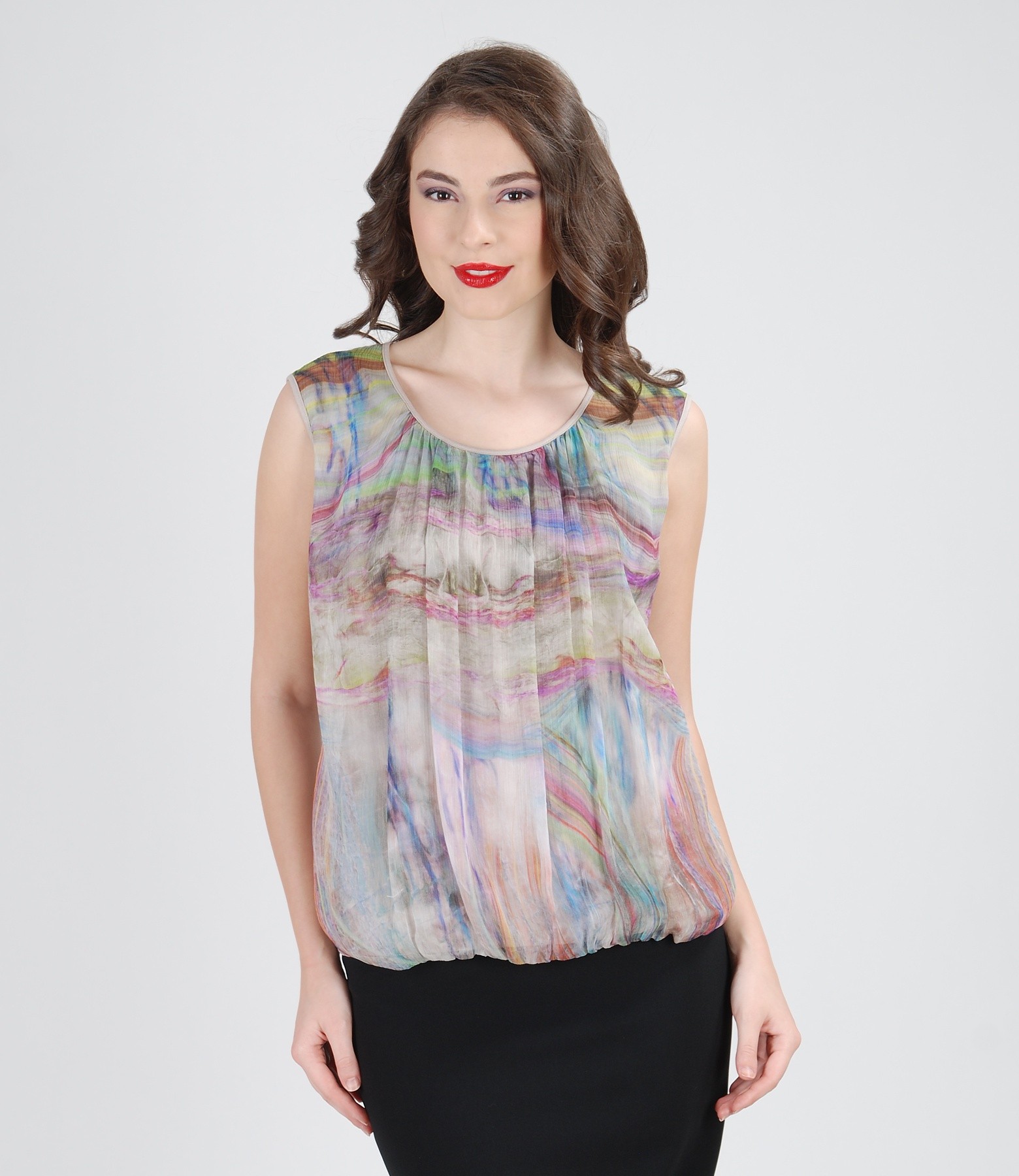 Elastic jersey blouse doubled with veil print - YOKKO