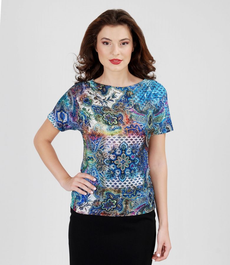 Printed elastic jersey t-shirt with puckered shoulders print - YOKKO