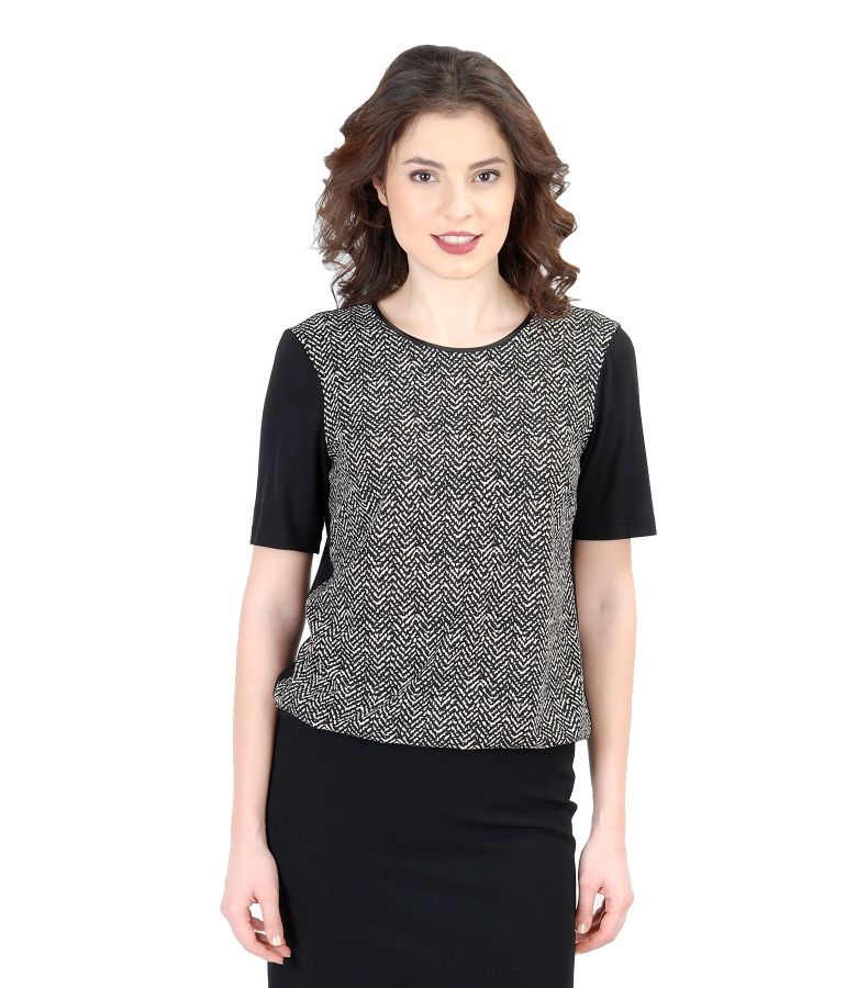 Elastic jersey blouse with elastic fabric front black - YOKKO