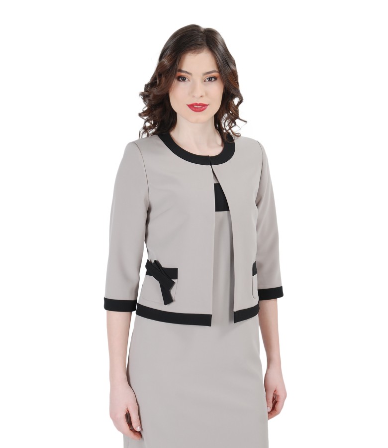 Elegant bolero with pockets and trim beige-grey - YOKKO