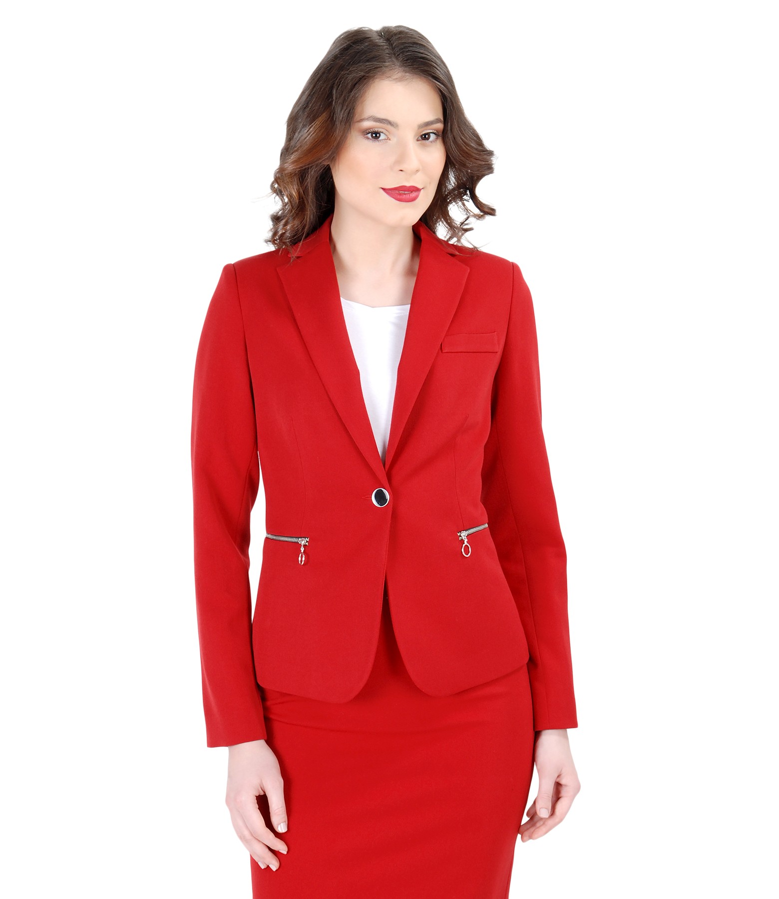 Elastic fabric office jacket with metallic zippers raspberry red - YOKKO