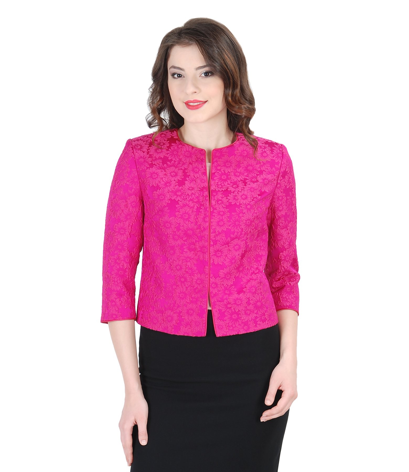 Elegant brocade jacket with floral patterns cyclamen - YOKKO