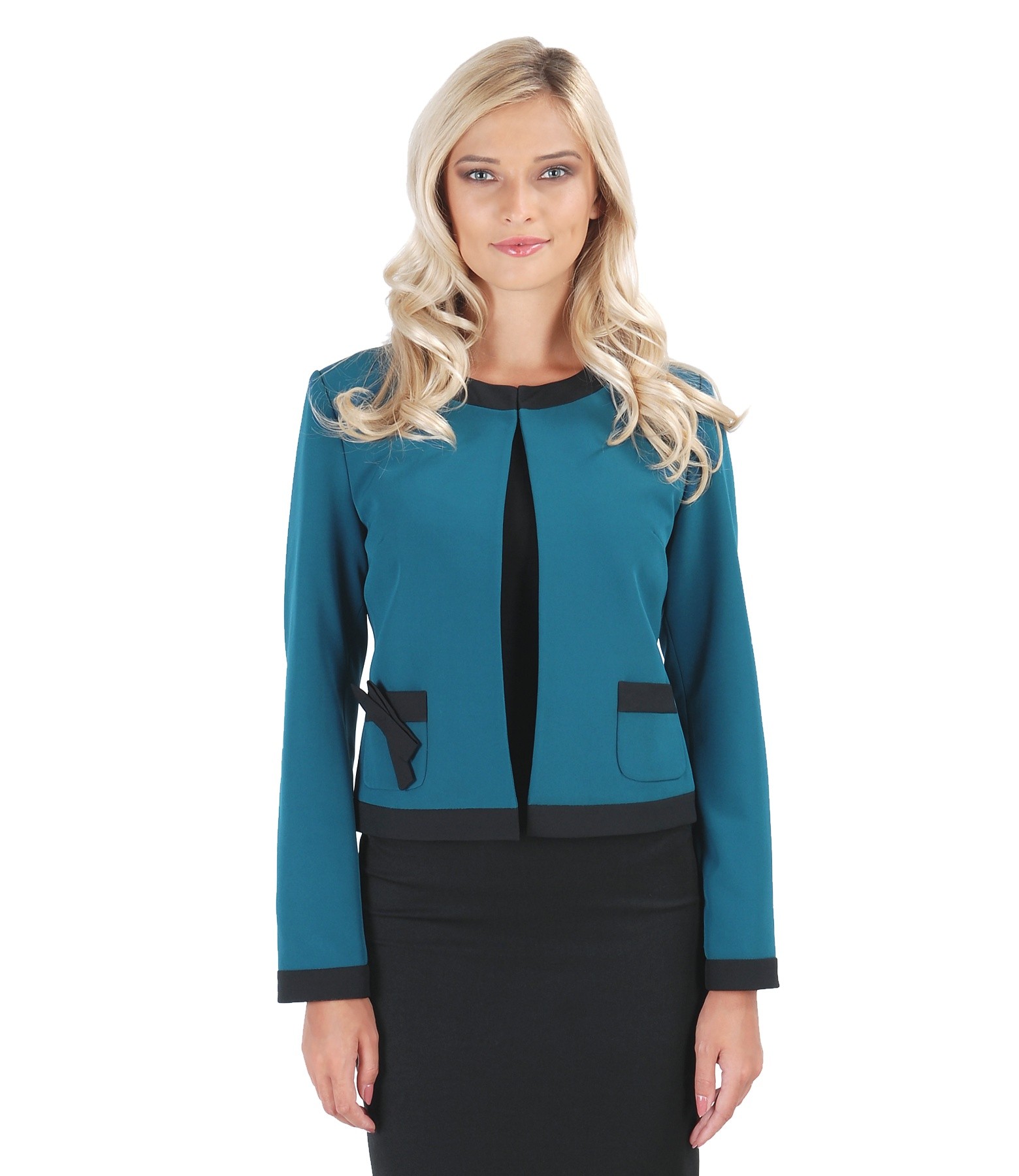 Elegant bolero with pockets and trim pine green - YOKKO