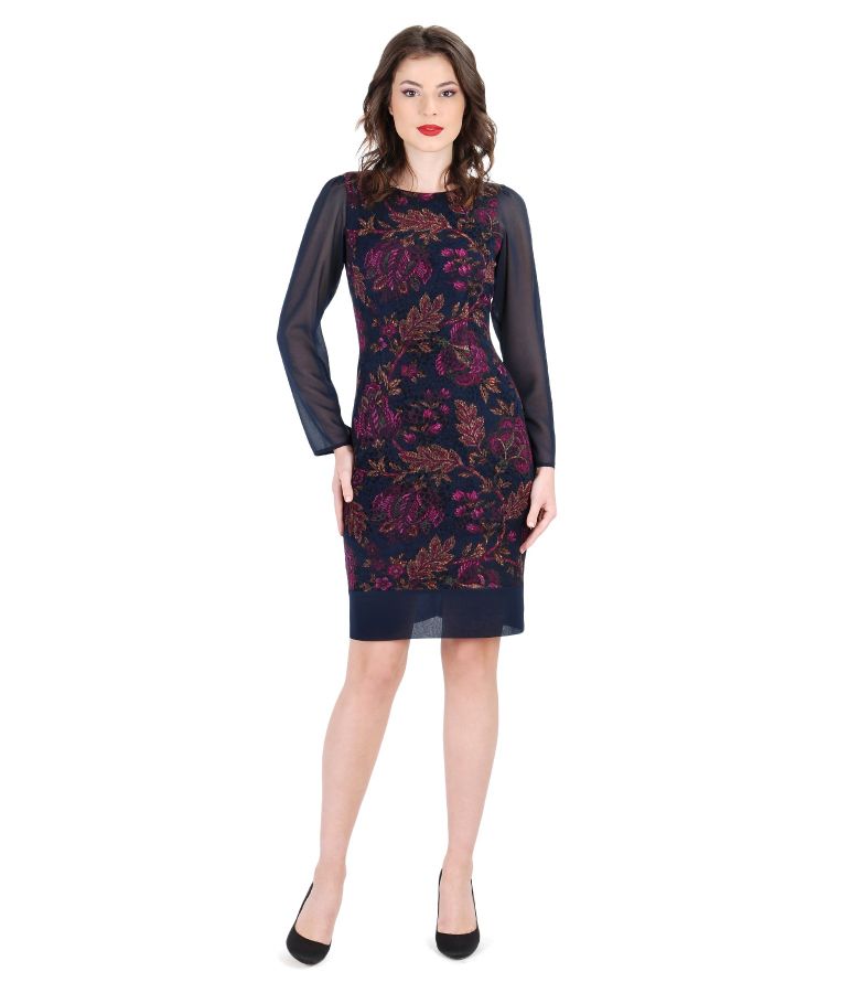Elegant brocade dress with velvet and veil cyclamen-dark blue - YOKKO