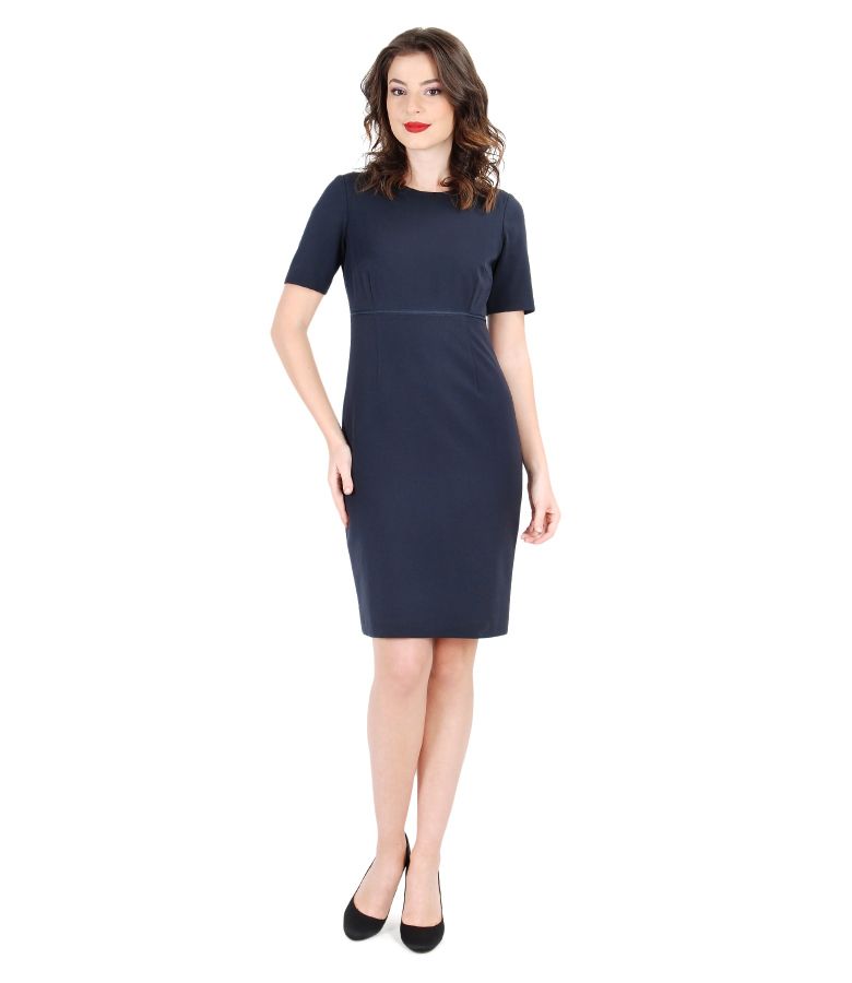 Elegant elastic fabric dress with trim dark blue - YOKKO