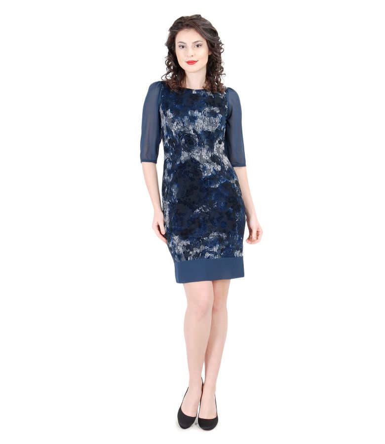 Elegant brocade dress with velvet and veil dark blue - YOKKO