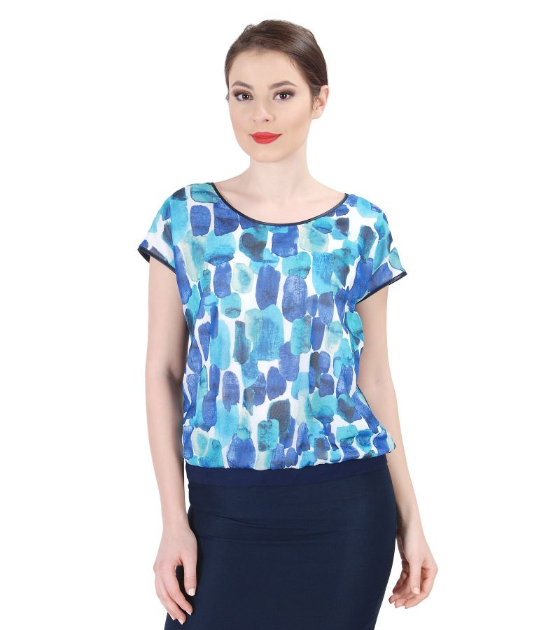 Elastic jersey blouse with front print dark blue - YOKKO
