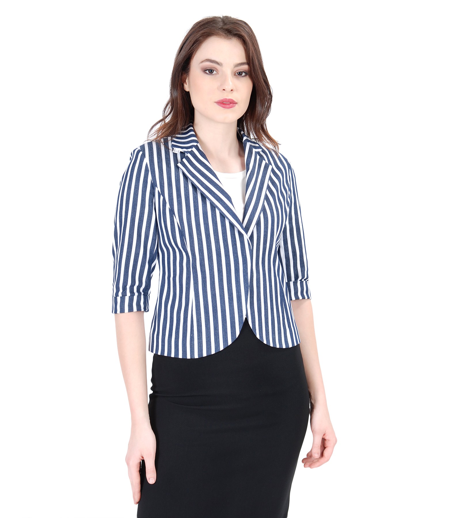 Elastic cotton printed jacket with stripes white-dark blue - YOKKO