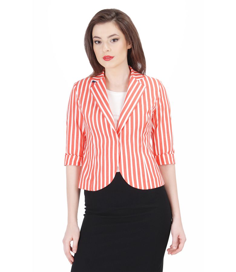 Elastic printed cotton jacket with stripes white-coral red - YOKKO