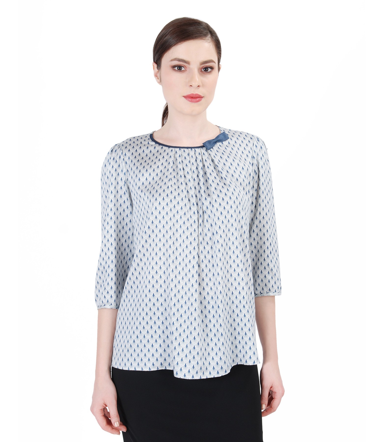 Printed viscose blouse with folds metallic blue - YOKKO
