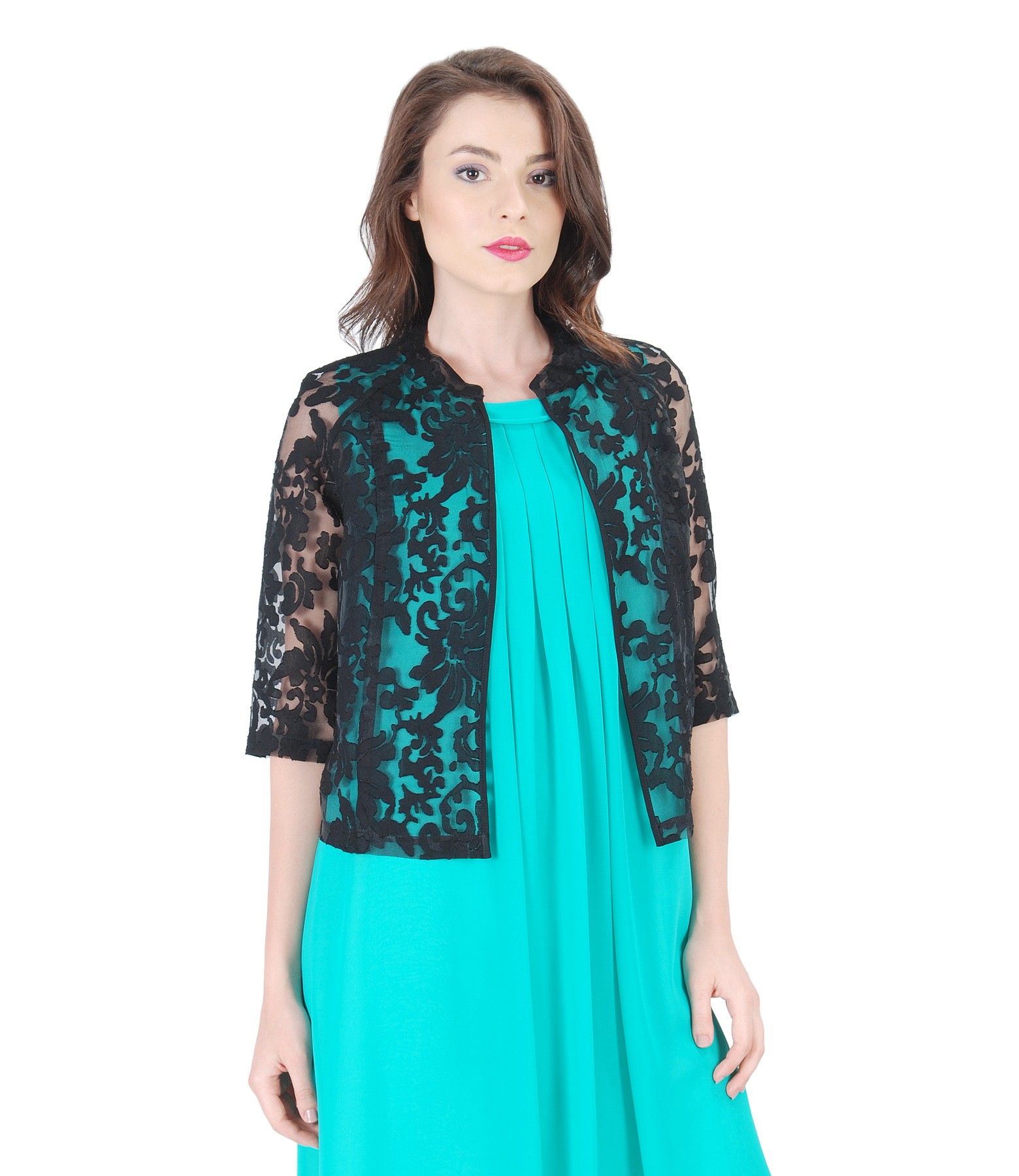 Elegant brocade organza bolero with viscose and flax motifs black - YOKKO