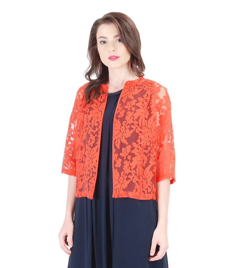 Elegant brocade organza bolero with viscose and flax motifs coral red ...