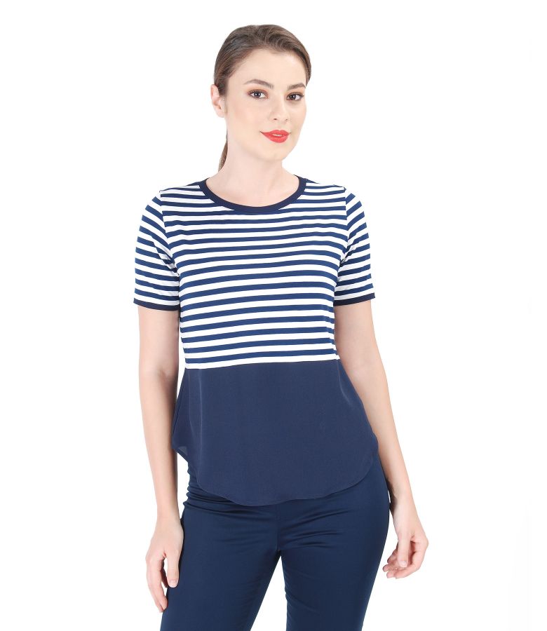 White-navy blue elastic jersey blouse with basque dark blue - YOKKO