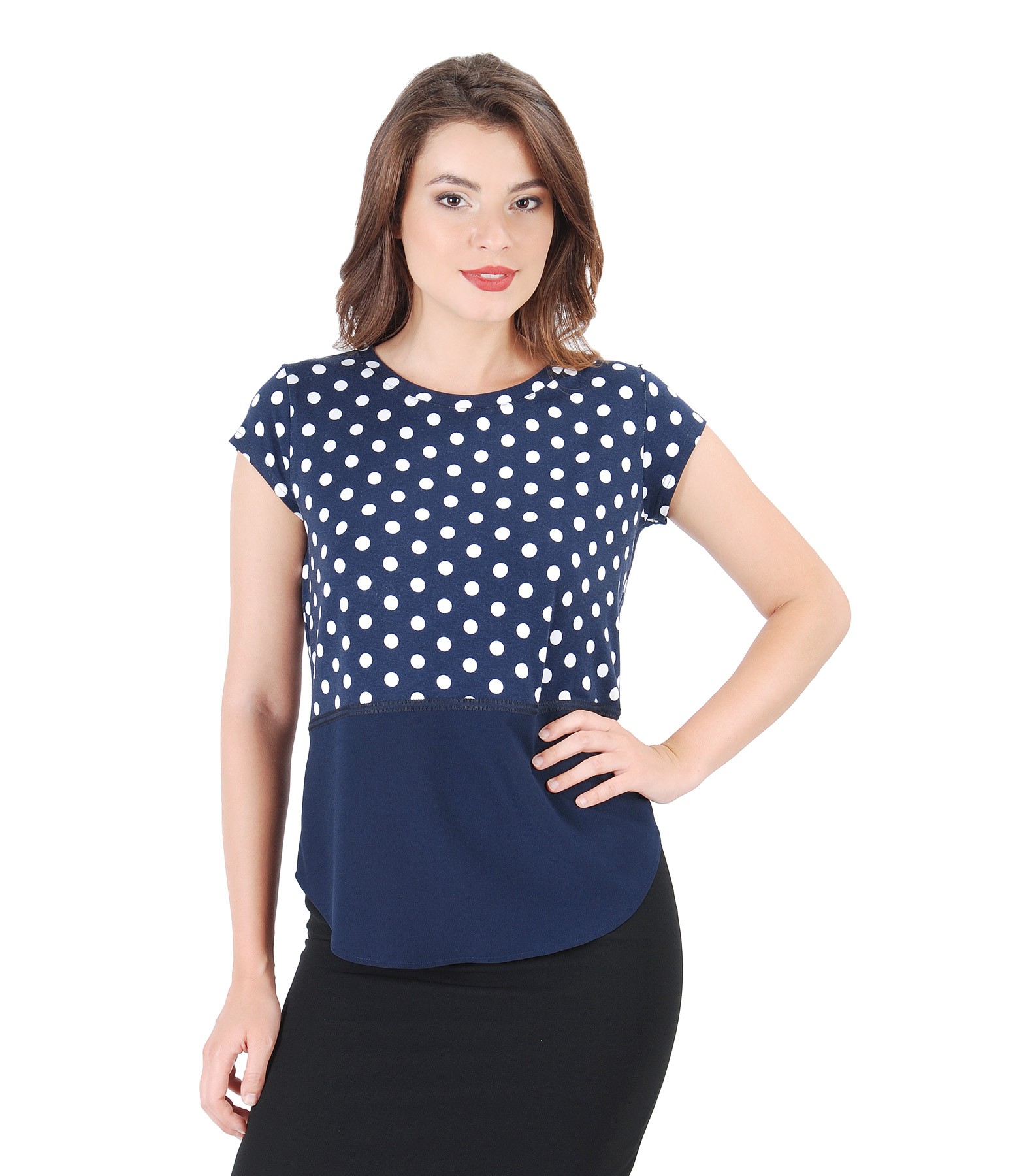 White-navy blue elastic jersey blouse with basque print - YOKKO