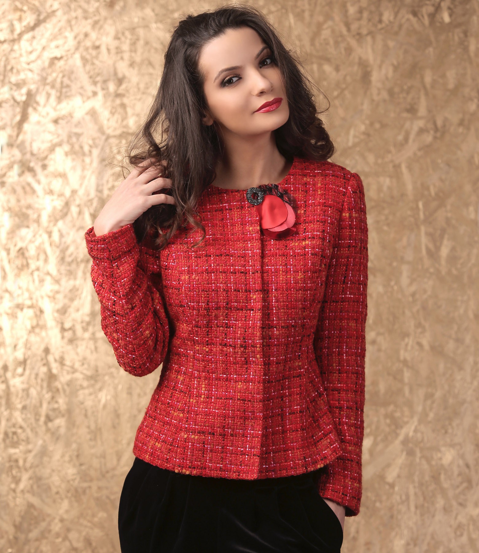 Jacket with multicolor cotton and virgin wool loops red - YOKKO