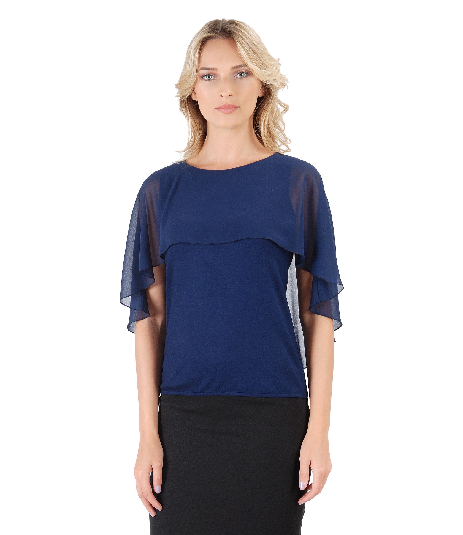 Elegant blouse with veil cape and button on the back dark blue - YOKKO