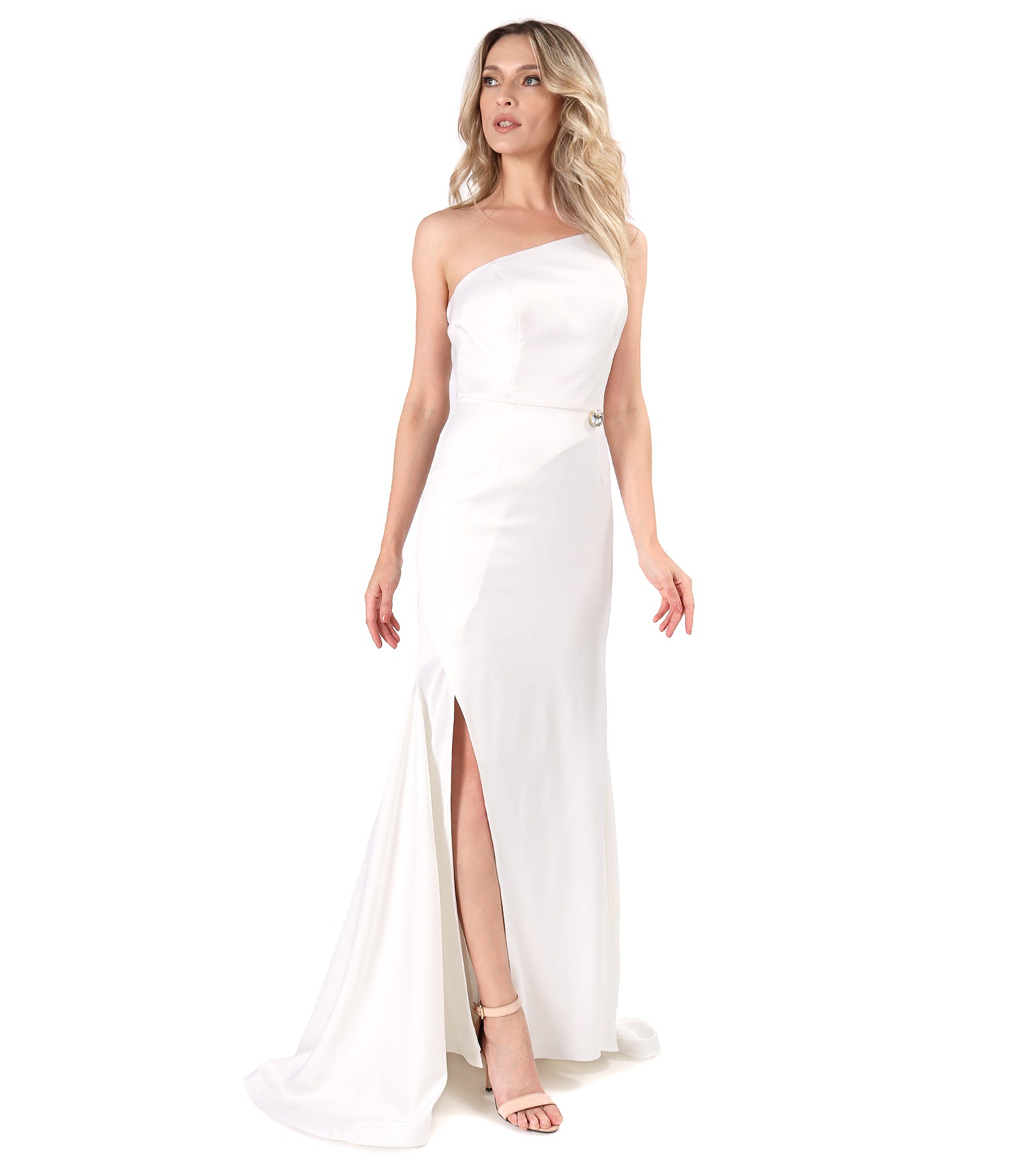Elegant long dress with train in thick elastic satin ivory - YOKKO
