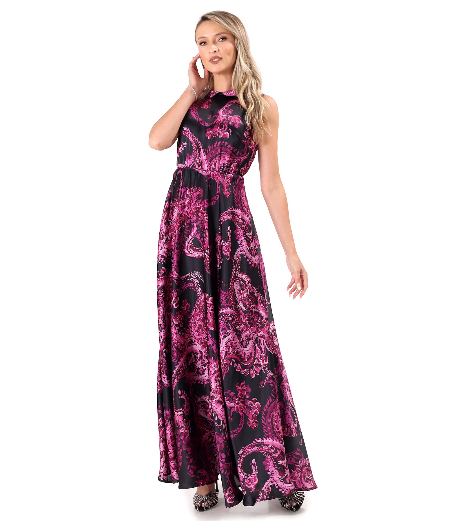 Long dress in natural silk with paisley print red - YOKKO